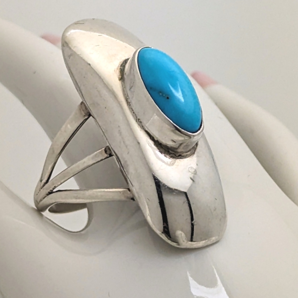 Native Navajo Turquoise Long Sterling Ring Sarah Curl… - Gem